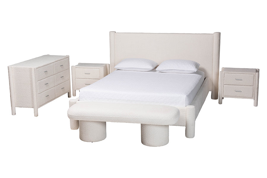 Lilly Modern White Teddy-Bear Fabric King Size 5-Piece Bedroom Set