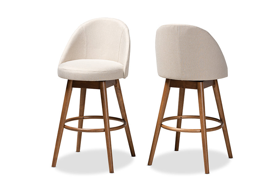 Mara Light Beige Fabric Walnut-2Pc Swivel Bar Stool Set