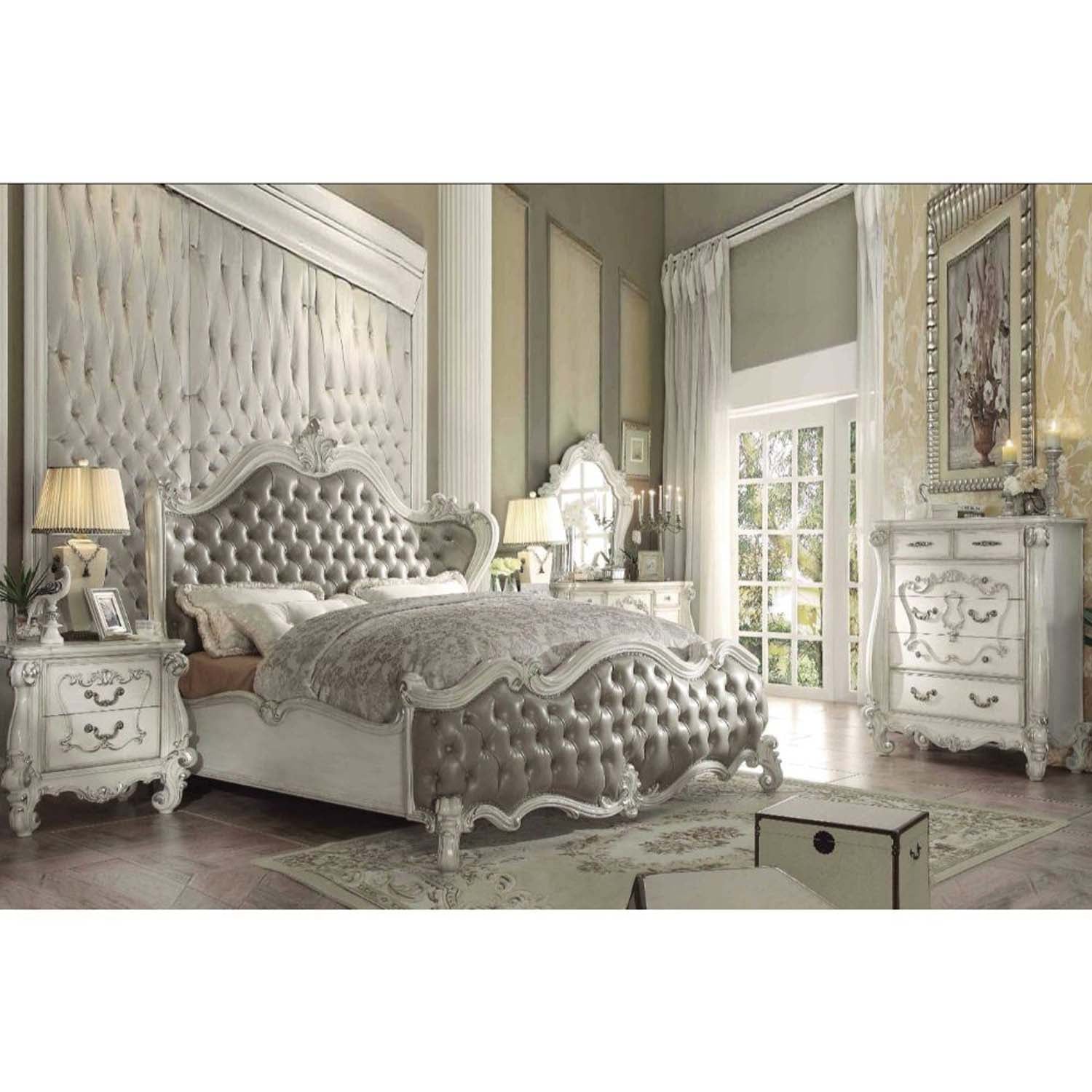 Versailles King Bed, Vintage Gray Faux Leather & Bone White Finish